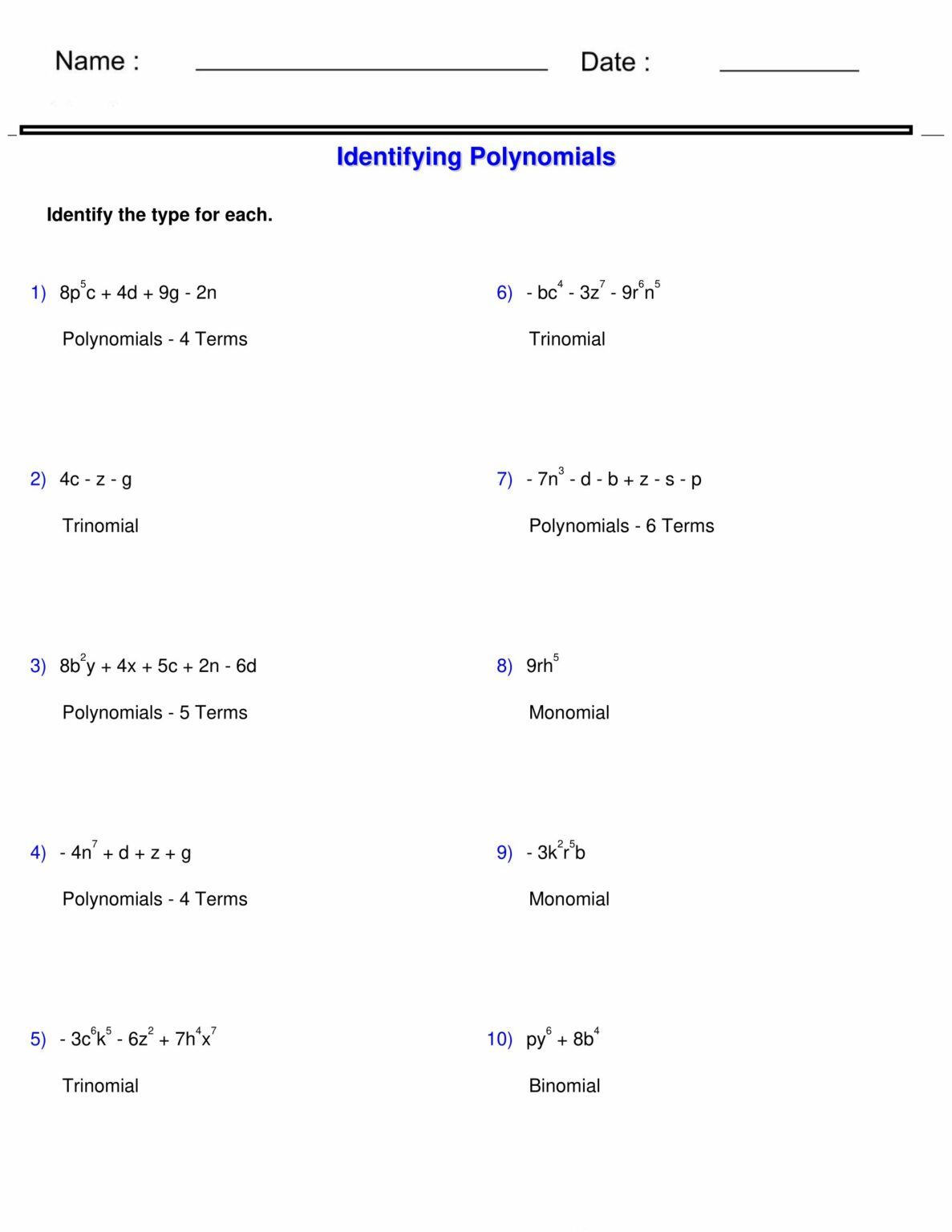 Monomials and Polynomials Worksheets - Identifying Type of Polynomials ...