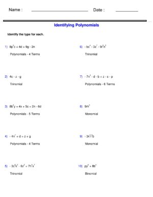 Monomials and Polynomials Worksheets - Identifying Type of Polynomials ...