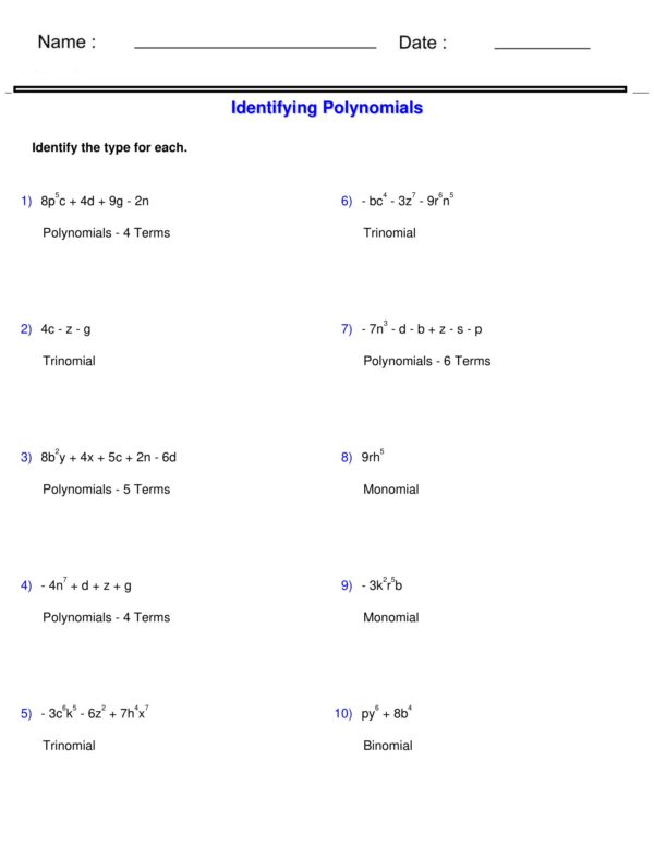 Monomials and Polynomials Worksheets - Identifying Type of Polynomials ...