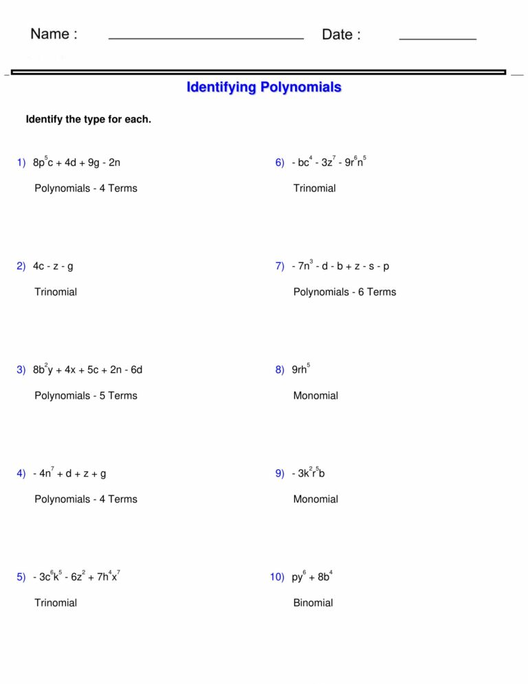 Monomials and Polynomials Worksheets - Identifying Type of Polynomials ...