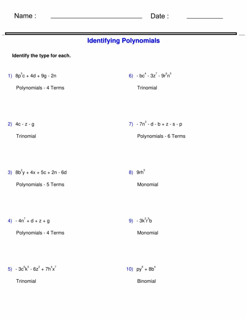 Monomials and Polynomials Worksheets - Identifying Type of Polynomials ...