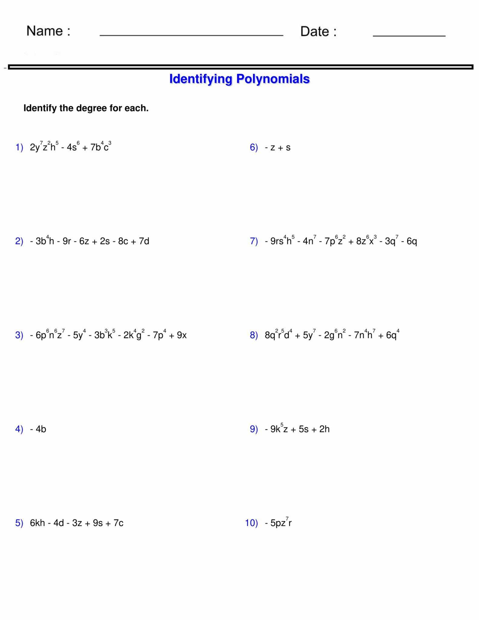 Pre-Algebra - Monomials and Polynomials Worksheets Identifying the ...