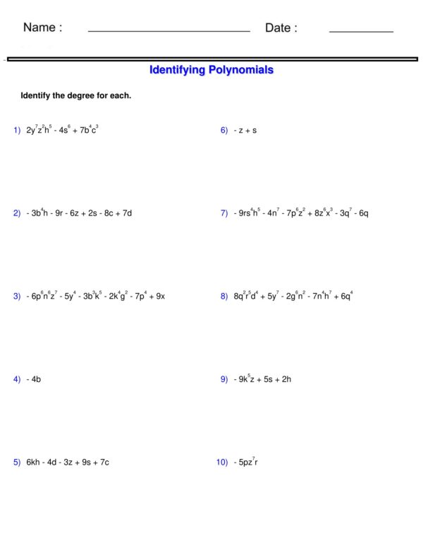 Pre-Algebra - Monomials and Polynomials Worksheets Identifying the ...