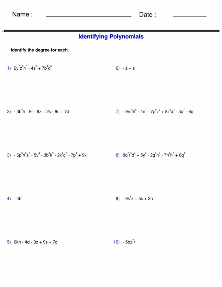 Pre-Algebra - Monomials and Polynomials Worksheets Identifying the ...