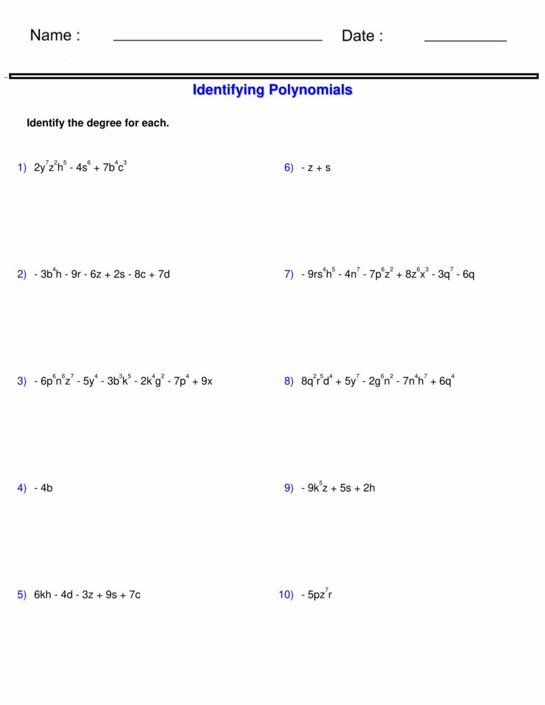 Pre-Algebra - Monomials and Polynomials Worksheets Identifying the ...