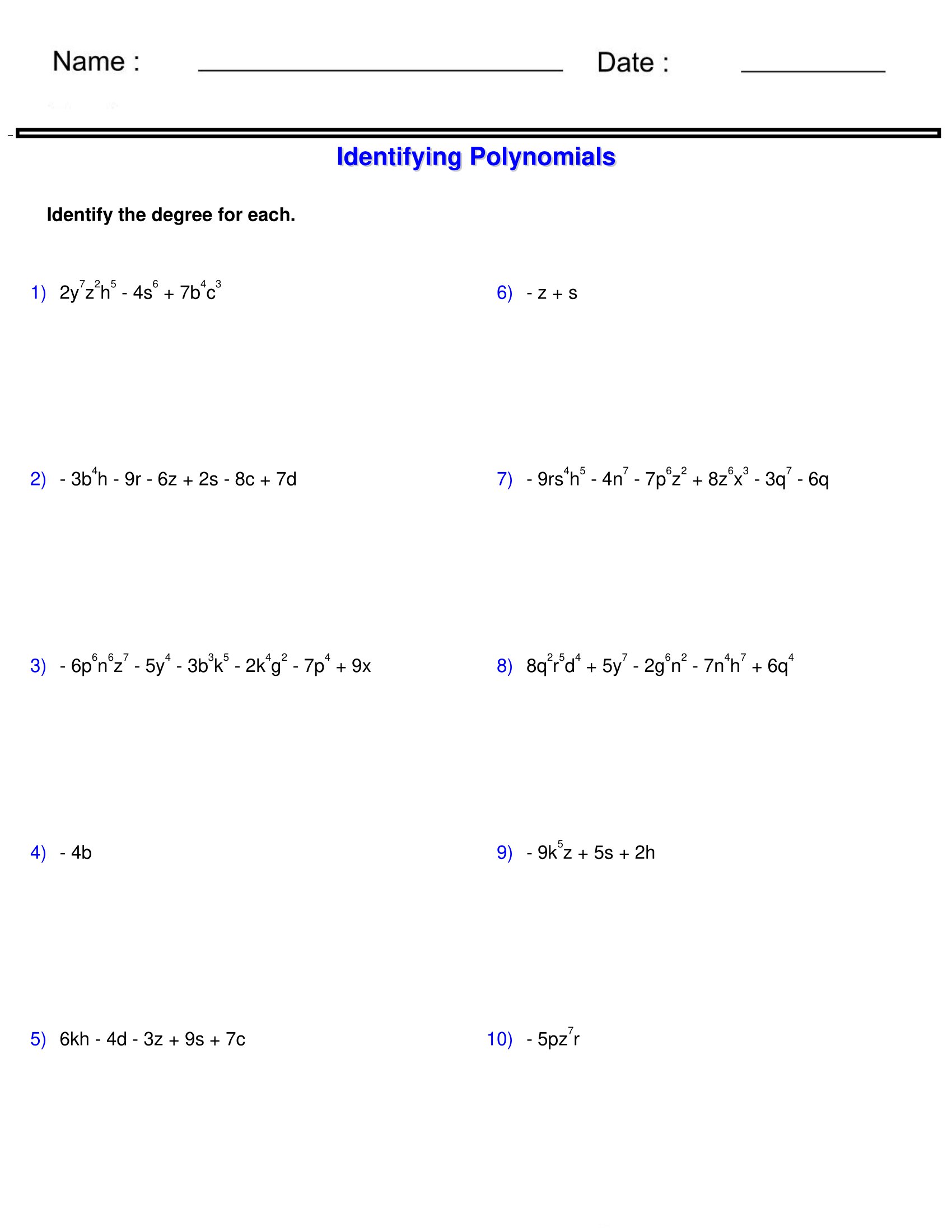 Pre-Algebra - Monomials and Polynomials Worksheets Identifying the ...