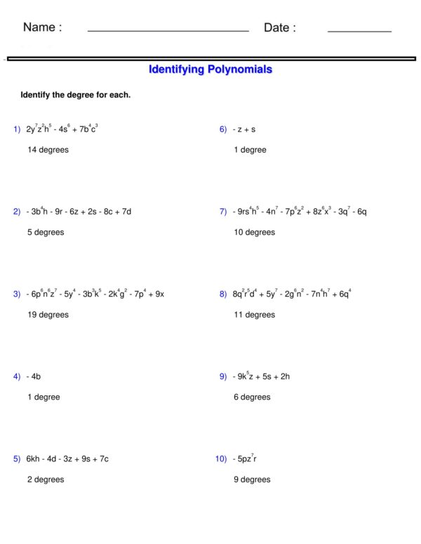Pre-Algebra - Monomials and Polynomials Worksheets Identifying the ...