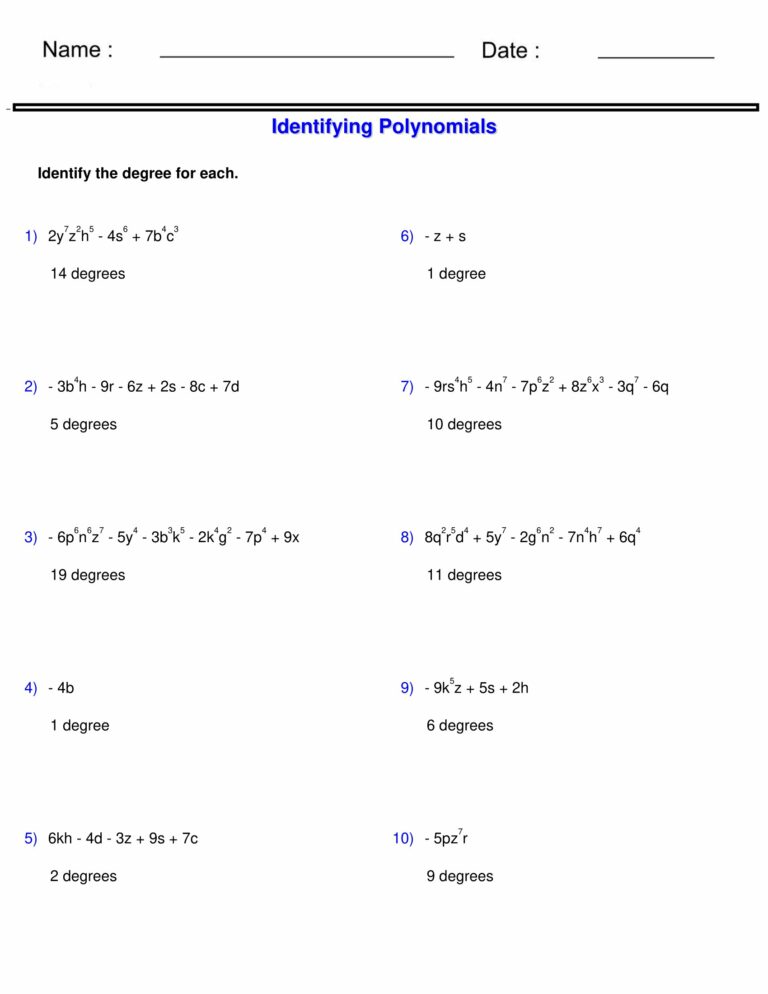 Pre-Algebra - Monomials and Polynomials Worksheets Identifying the ...