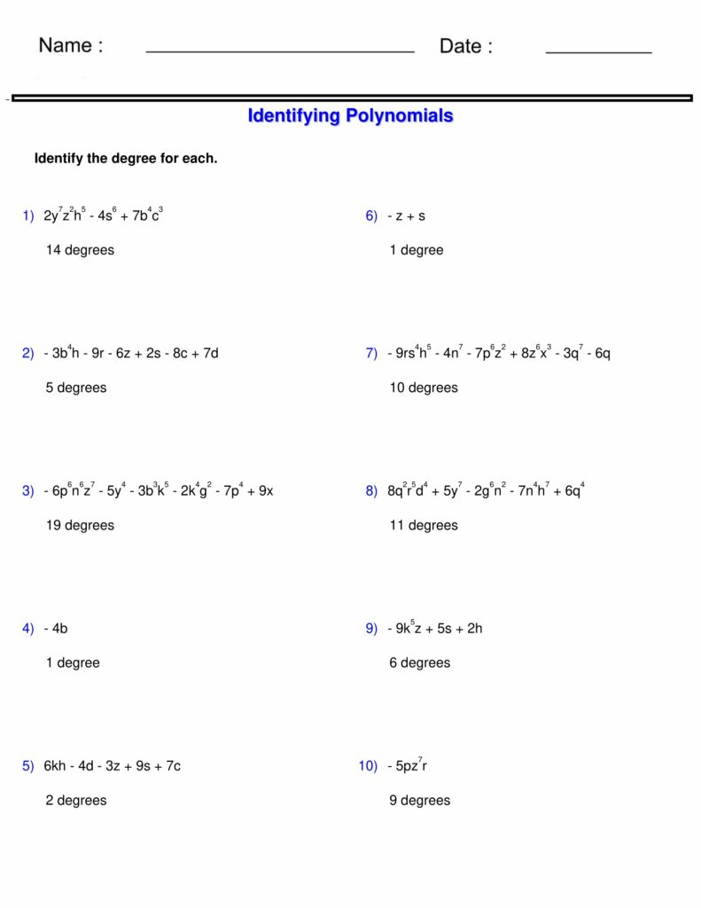 Pre-Algebra - Monomials and Polynomials Worksheets Identifying the ...