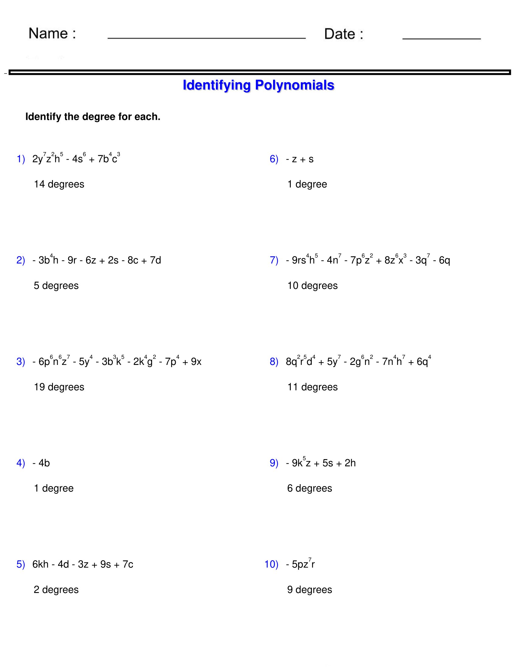 Pre-Algebra - Monomials and Polynomials Worksheets Identifying the ...