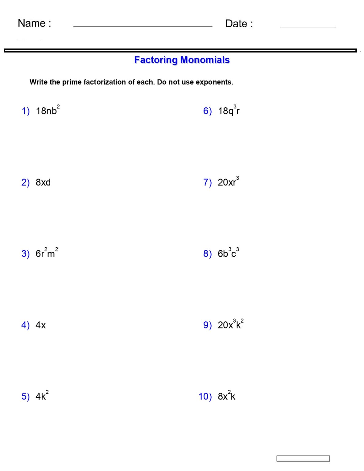 Pre-Algebra - Monomials and Polynomials Worksheets Factoring Monomials ...