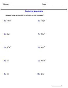 Pre-Algebra - Monomials and Polynomials Worksheets Factoring Monomials ...