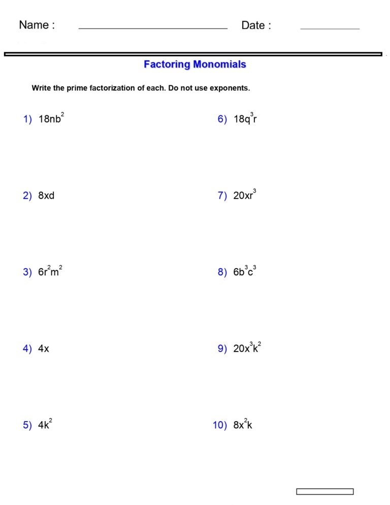 Pre-Algebra - Monomials and Polynomials Worksheets Factoring Monomials ...