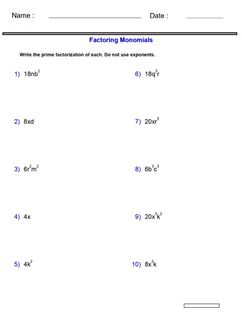 Pre-Algebra - Monomials and Polynomials Worksheets Factoring Monomials ...