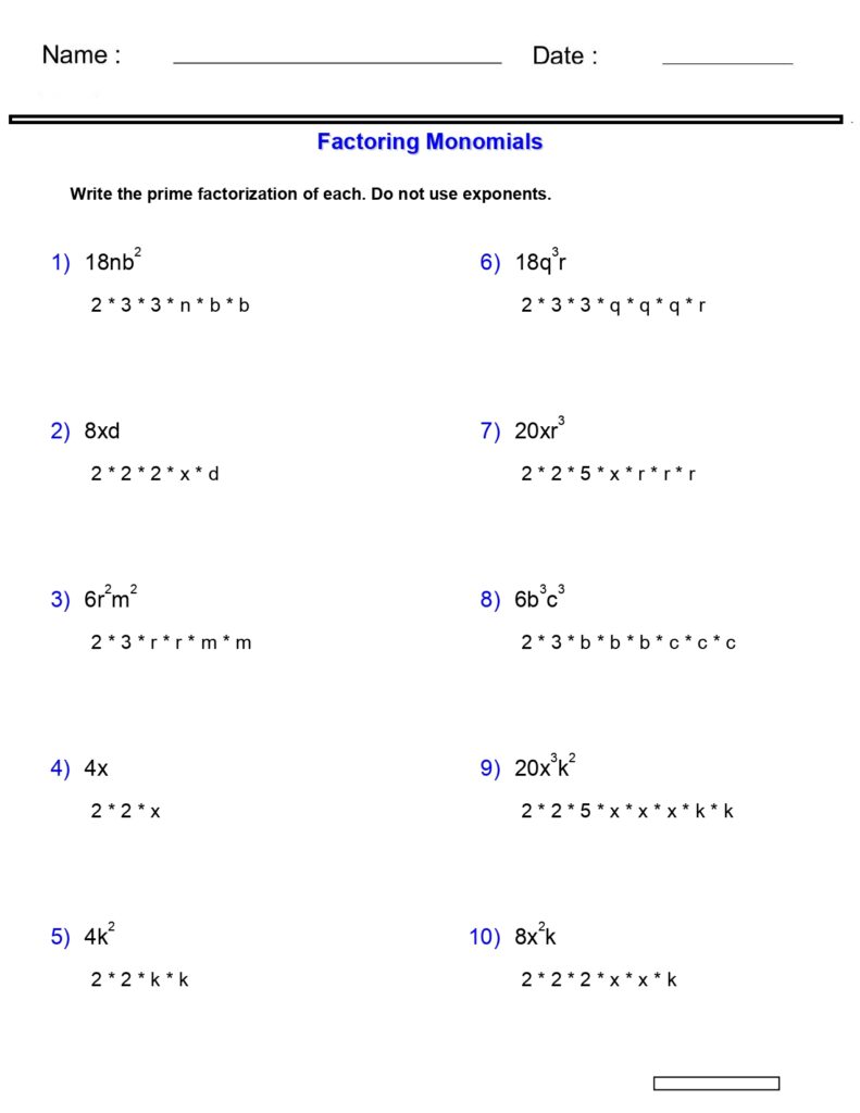 Pre-Algebra - Monomials and Polynomials Worksheets Factoring Monomials ...