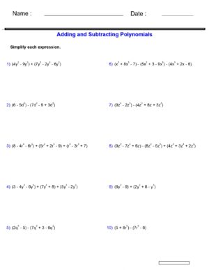 Pre-Algebra - Monomials and Polynomials Worksheets Adding and ...