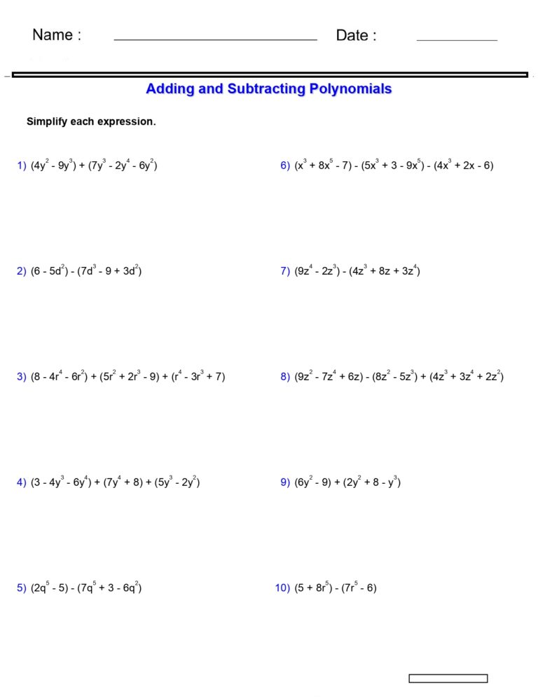 Pre-Algebra - Monomials and Polynomials Worksheets Adding and ...