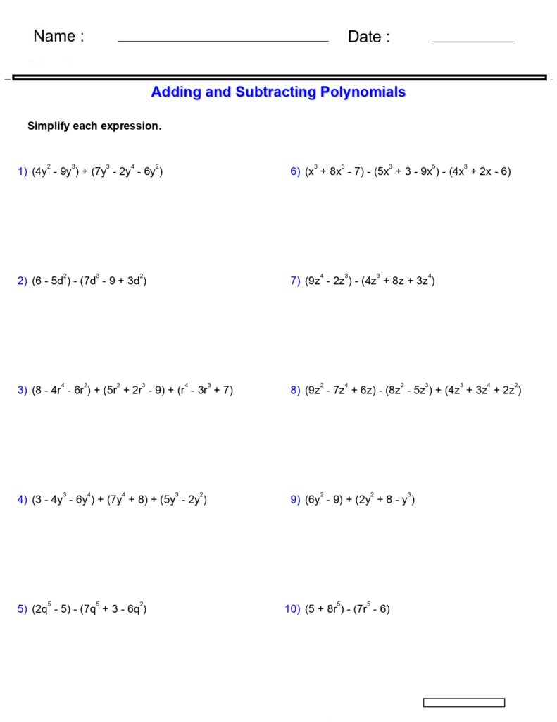 Pre-Algebra - Monomials and Polynomials Worksheets Adding and ...