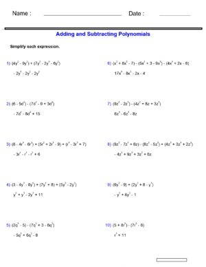Pre-Algebra - Monomials and Polynomials Worksheets Adding and ...
