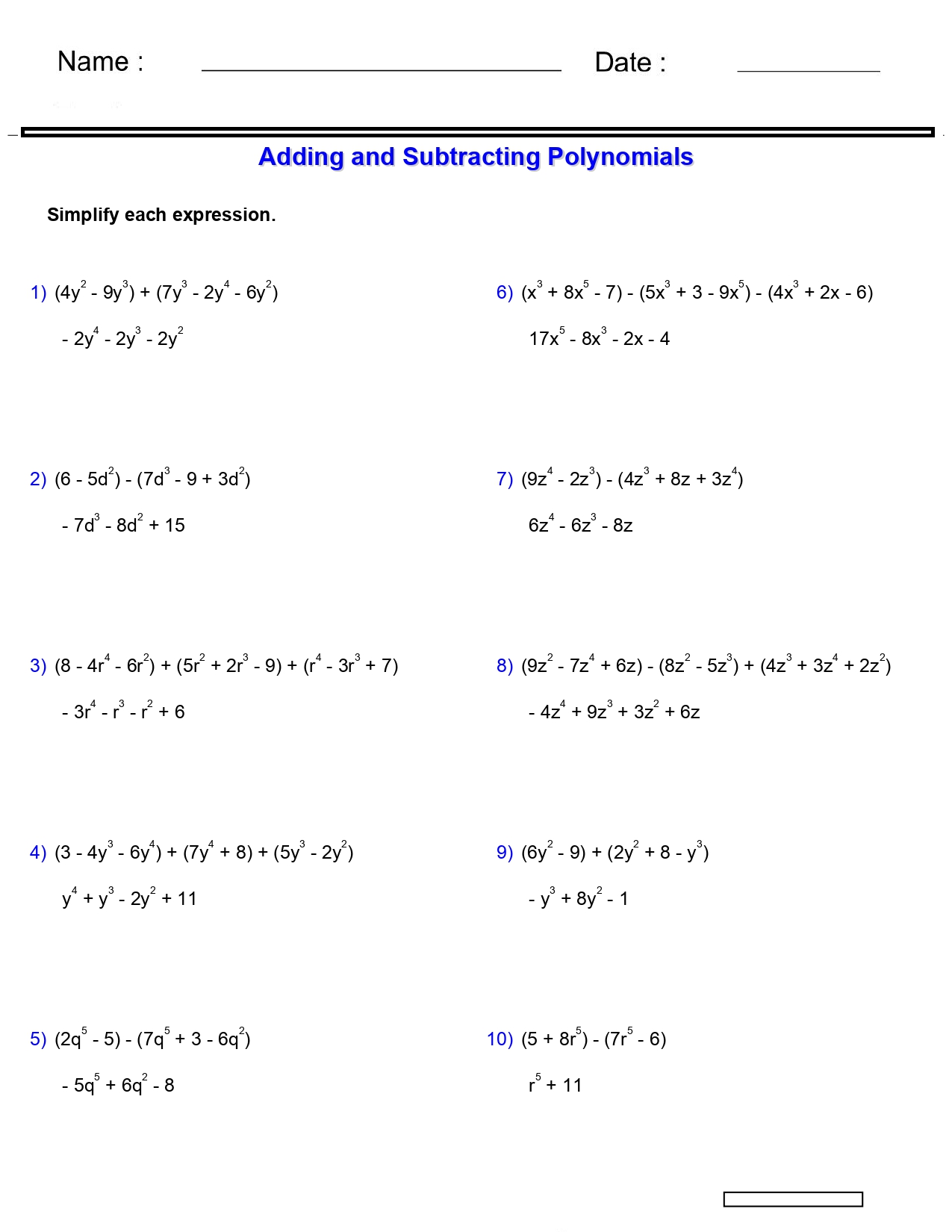 Pre Algebra Monomials And Polynomials Worksheets Adding And
