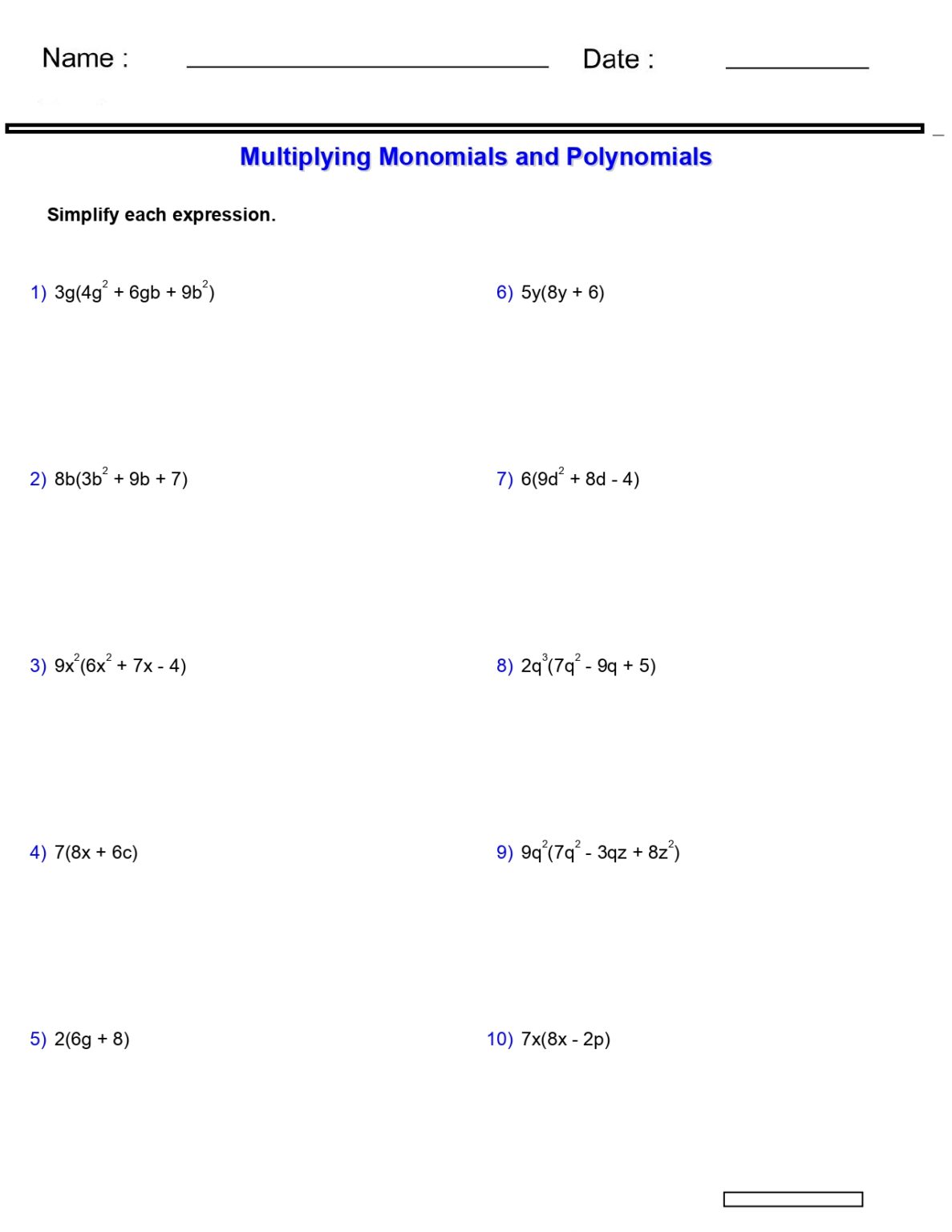 Pre-Algebra - Monomials and Polynomials Worksheets Multiplying ...
