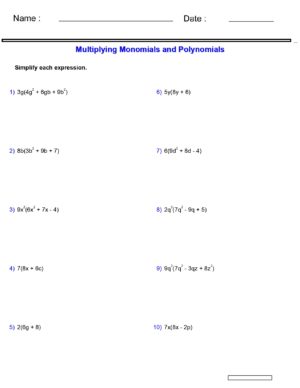 Pre-Algebra - Monomials and Polynomials Worksheets Multiplying ...