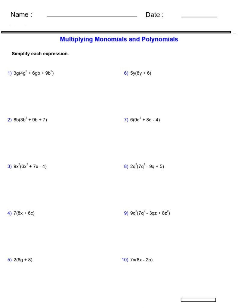 Pre-Algebra - Monomials and Polynomials Worksheets Multiplying ...