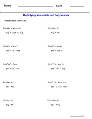 Pre-Algebra - Monomials and Polynomials Worksheets Multiplying ...