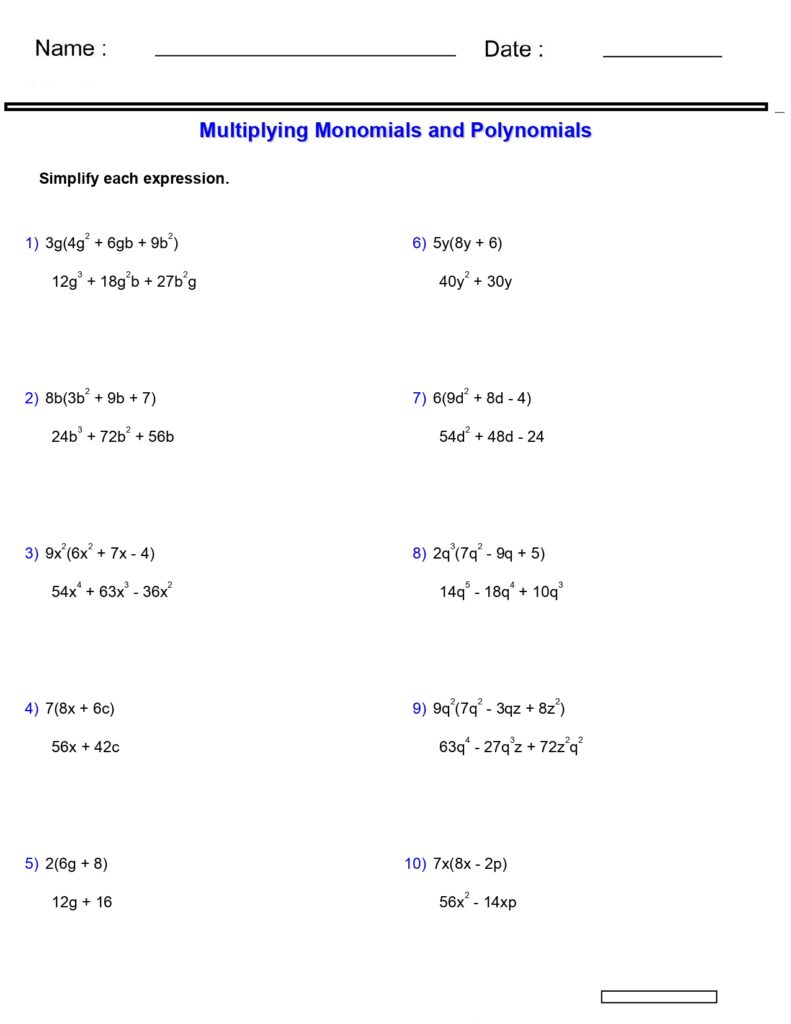 Pre-Algebra - Monomials and Polynomials Worksheets Multiplying ...