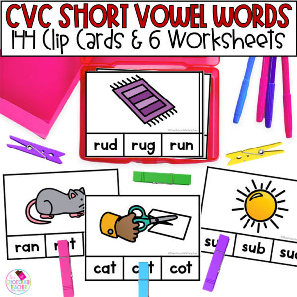 CVC Words Short Vowel Phonics Clip Cards | Made By Teachers