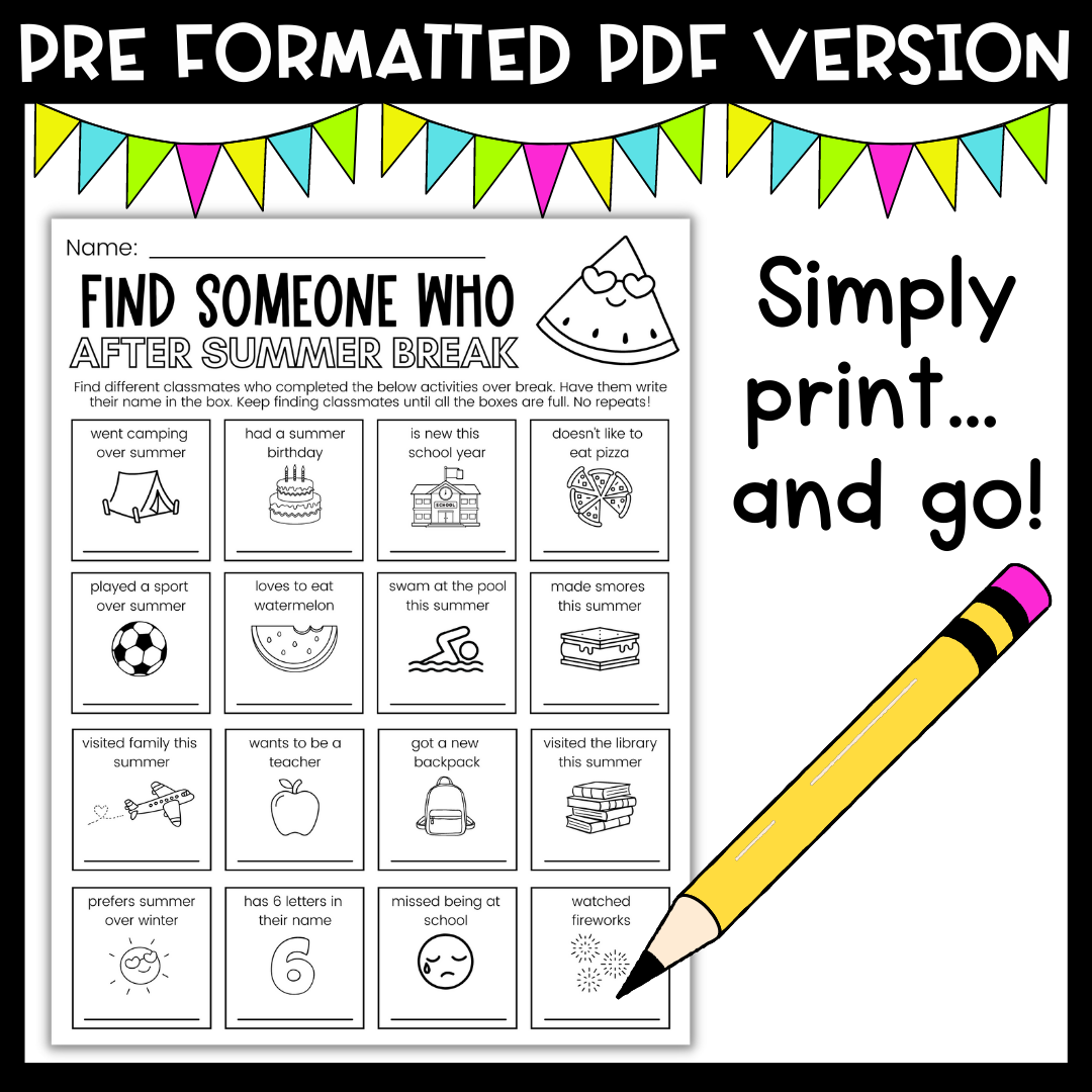 Back to School / After Summer Break - Find Someone Who Editable ...