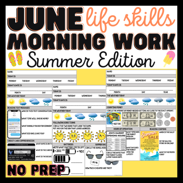 June Life Skills Morning Work - Summer Edition - Special Education - U ...