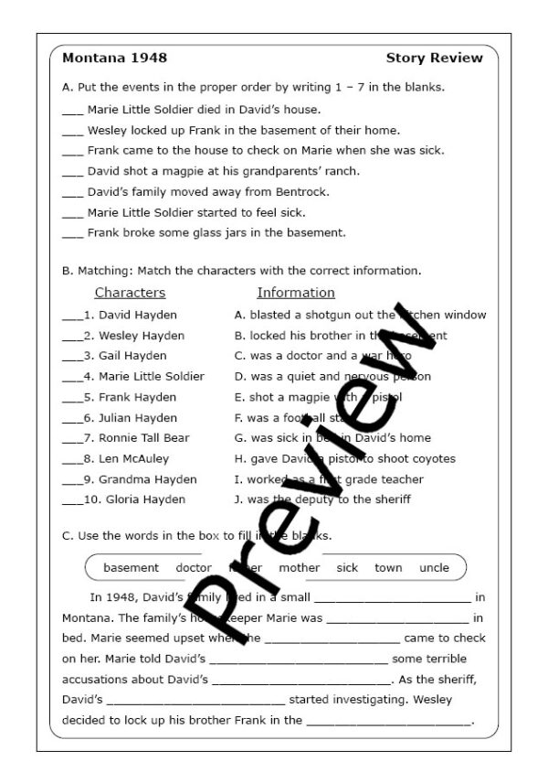 Larry Watson "Montana 1948" worksheets | Made By Teachers