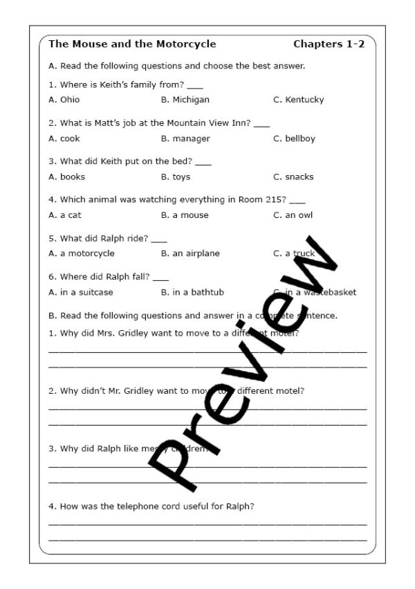 Beverly Cleary "The Mouse and the Motorcycle" worksheets | Made By Teachers