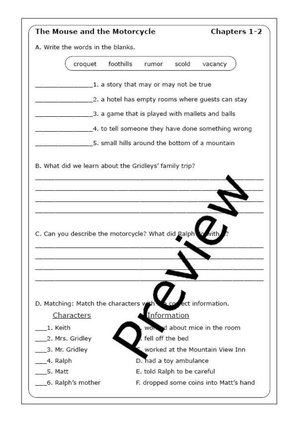 Beverly Cleary "The Mouse and the Motorcycle" worksheets | Made By Teachers