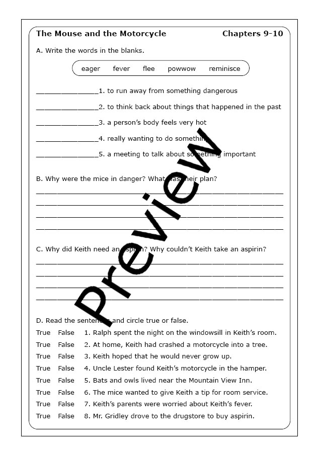 Beverly Cleary "The Mouse and the Motorcycle" worksheets | Made By Teachers