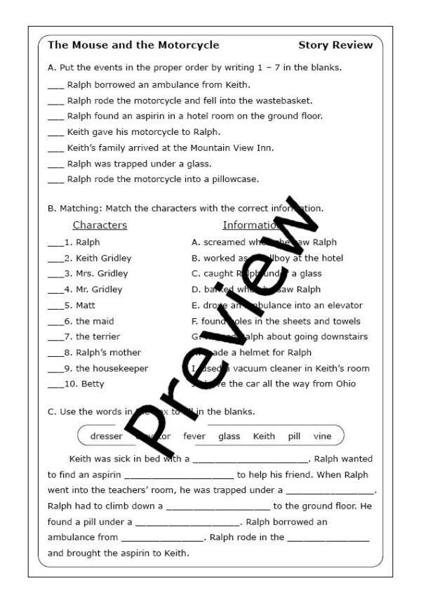 Beverly Cleary "The Mouse and the Motorcycle" worksheets | Made By Teachers