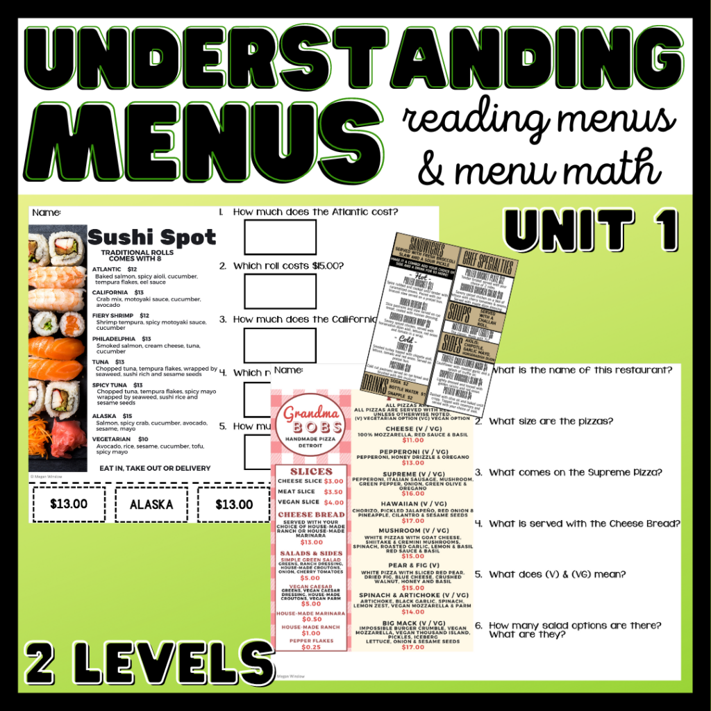 Understanding Menus Unit 1 - Reading Menus & Menu Math - Life Skills ...
