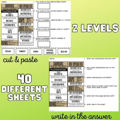 Understanding Menus Unit 1 - Reading Menus & Menu Math - Life Skills ...