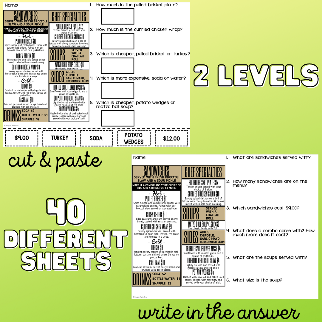 Understanding Menus Unit 1 - Reading Menus & Menu Math - Life Skills ...