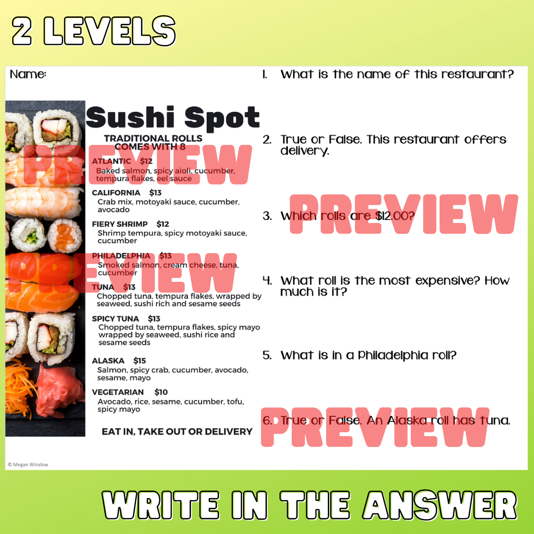 Understanding Menus Unit 1 - Reading Menus & Menu Math - Life Skills ...