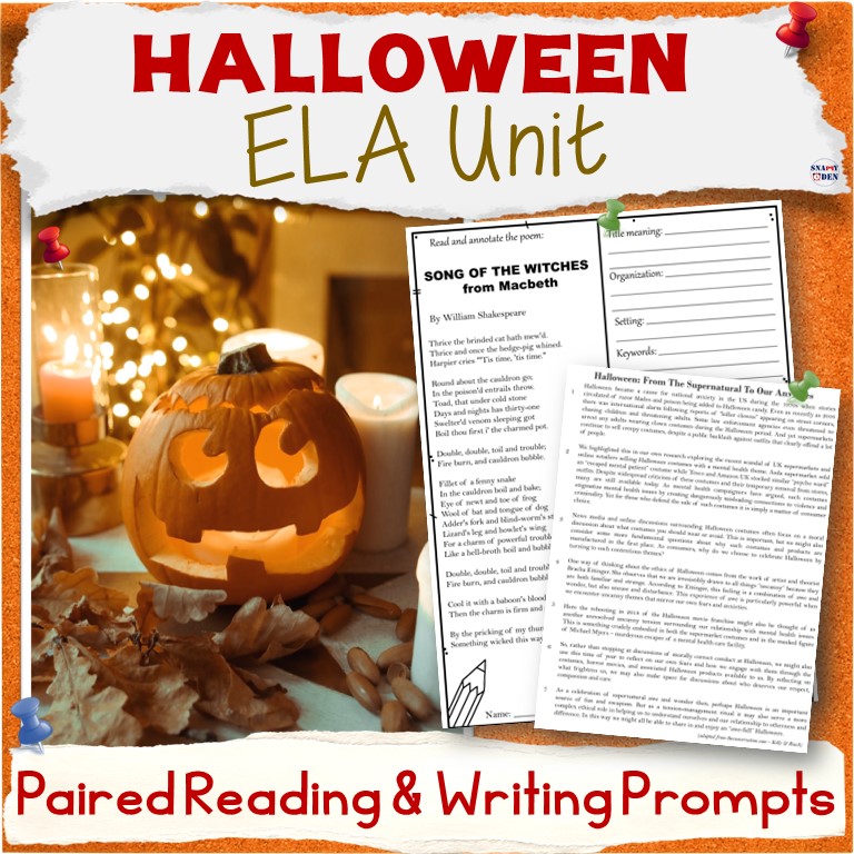 Halloween Unit - Middle School Paired Reading, Prompts - Print and ...