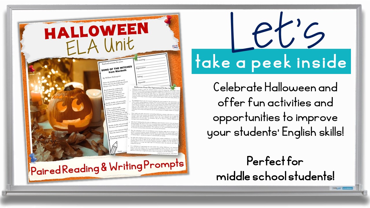 Halloween Unit - Middle School Paired Reading, Prompts - Print and ...