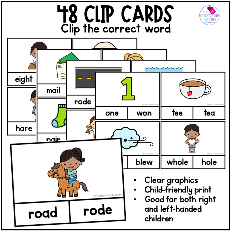 Homophones Clip Cards Grammar Practice and Worksheets - Vocabulary ...