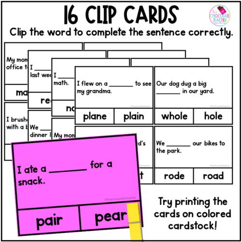 Homophones Clip Cards Grammar Practice and Worksheets - Vocabulary ...