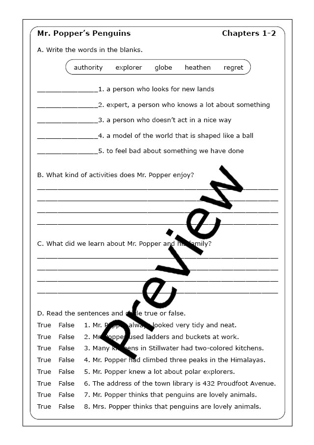 Richard and Florence Atwater "Mr. Popper's Penguins" worksheets | Made ...