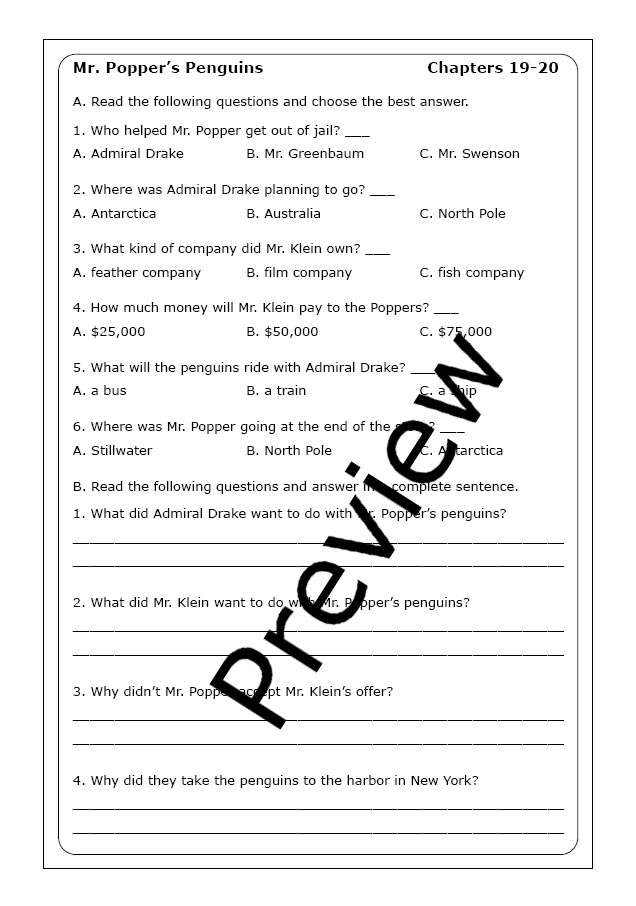 Richard and Florence Atwater "Mr. Popper's Penguins" worksheets | Made ...