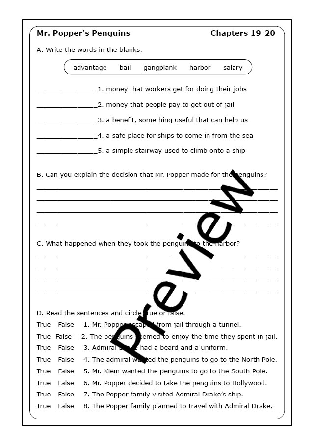 Richard and Florence Atwater "Mr. Popper's Penguins" worksheets | Made ...