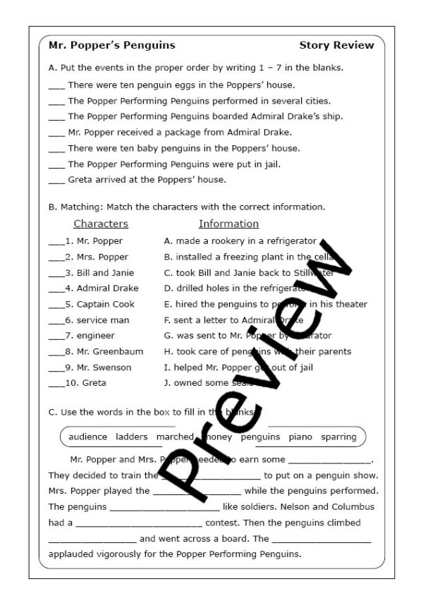 Richard and Florence Atwater "Mr. Popper's Penguins" worksheets | Made ...