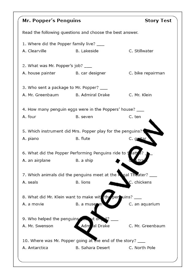 Richard and Florence Atwater "Mr. Popper's Penguins" worksheets | Made ...
